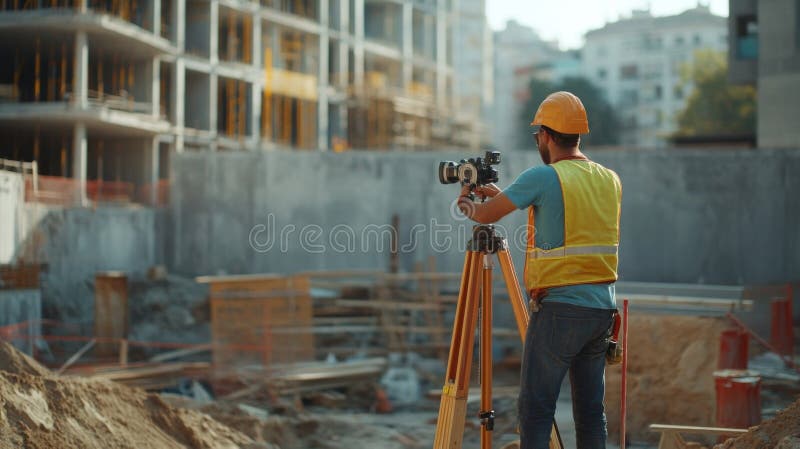 Construction Worker Using Survey Equipment at a Building Site Stock ...