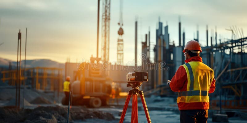Construction Worker Using Surveying Equipment at a Job Site at Sunset ...