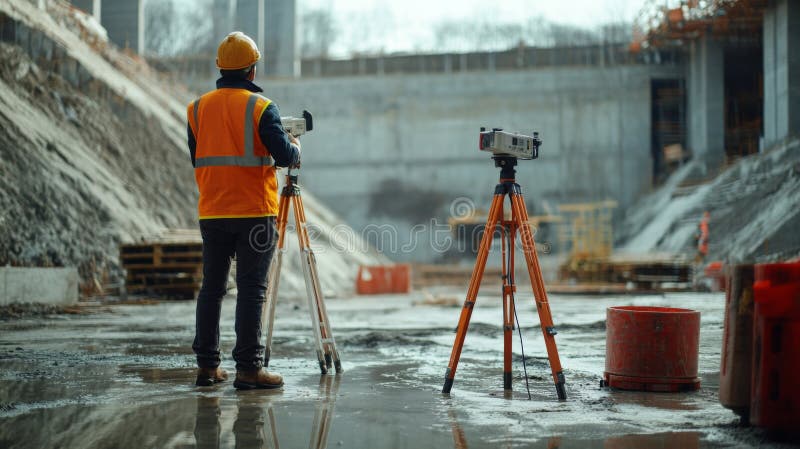 Construction Worker Using Surveying Equipment at Construction Site ...