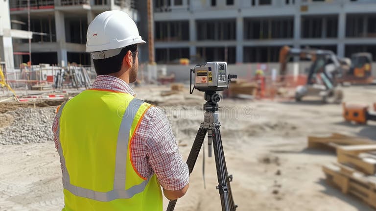 A Construction Worker Using a Surveying Instrument on a Building Site ...