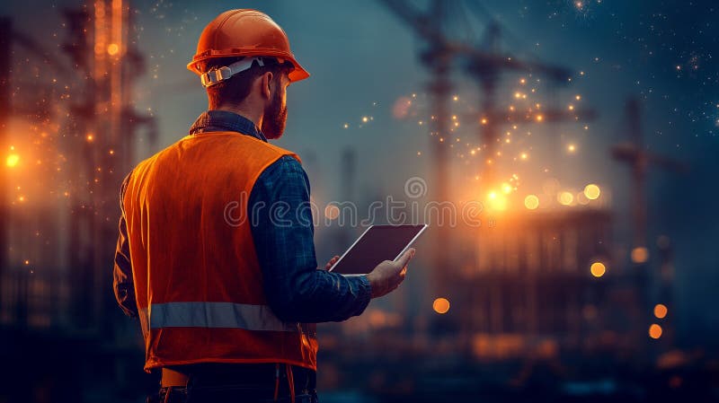 Construction Worker Using Tablet at Night Industrial Site Engineering ...
