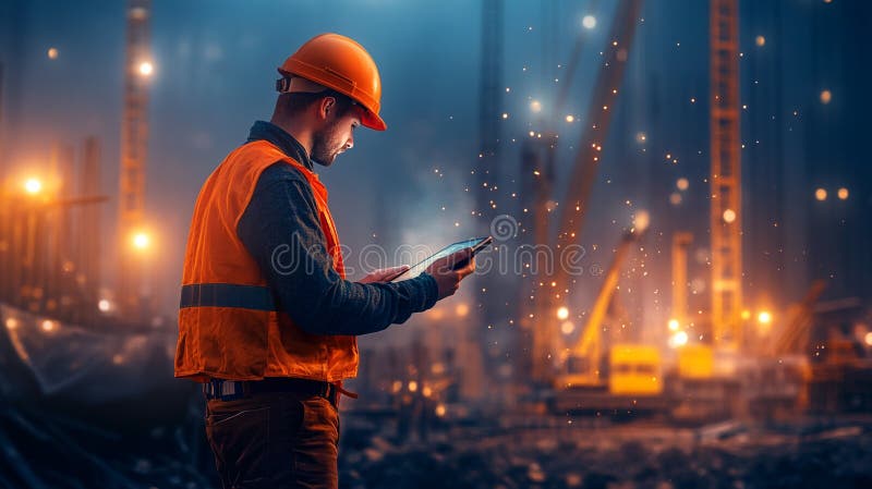 Construction Worker Using Tablet at Night Industrial Site Engineering ...