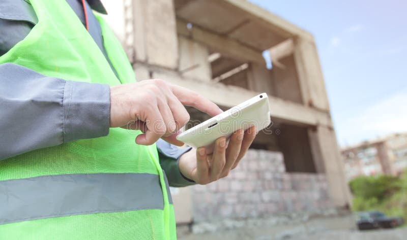 Construction Worker Using Tablet in Outdoor Stock Photo - Image of ...