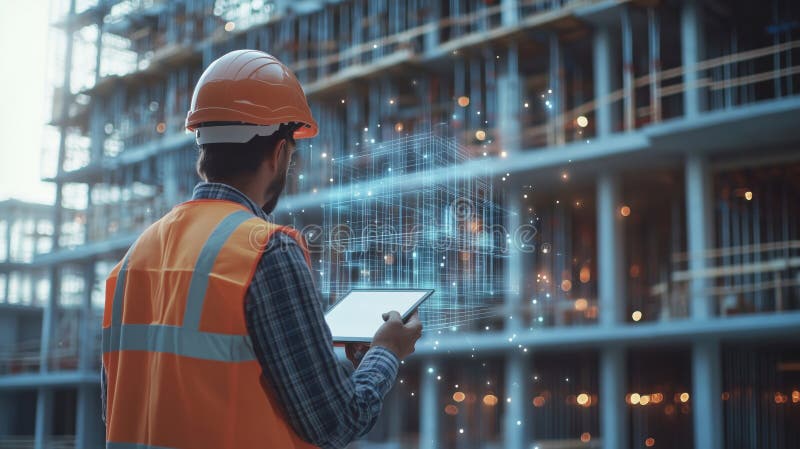 Construction Worker Using Tablet on Site, Digital Overlay Stock Photo ...