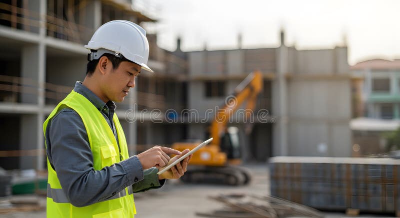 Construction Worker Using a Tablet at a Construction Site, Wearing ...