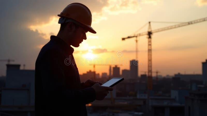 Construction Worker Using Tablet at Sunset on Urban Site with Cranes ...