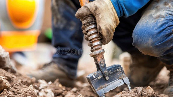 Construction Worker Using a Tamper Tool - Compacting Soil for ...