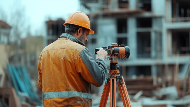 Construction Worker Using a Theodolite at a Building Site Stock ...