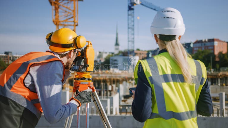 Construction Worker Using Theodolite Surveying Optical Instrument for Measuring Angles in ...