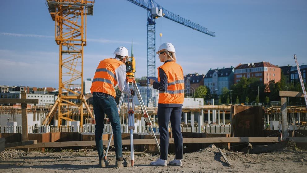 Construction Worker Using Theodolite Surveying Optical Instrument for ...