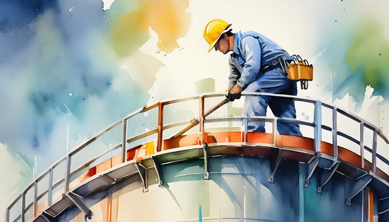 A Construction Worker Using a Tool on a Scaffolding Platform ...