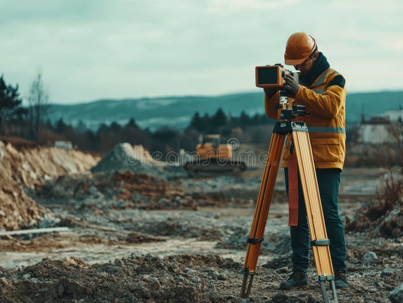 Construction Worker Using Total Station for Land Surveying on Building ...