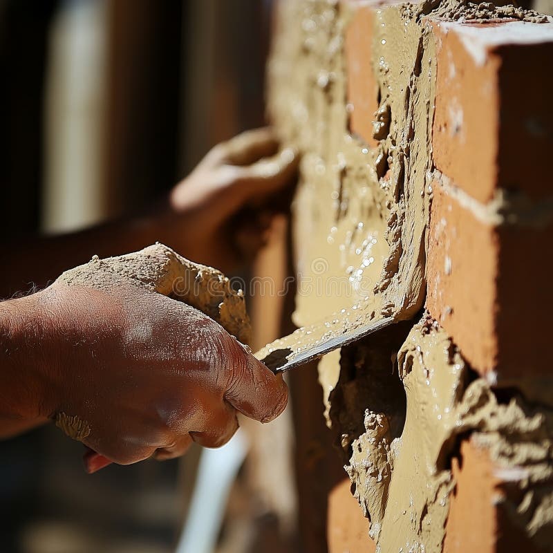 Construction Worker Applying Cement with Trowel on Brick Wall Stock ...