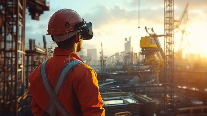 Construction Worker Using Virtual Reality Technology on a Job Site at Sunset Stock Image - Image ...