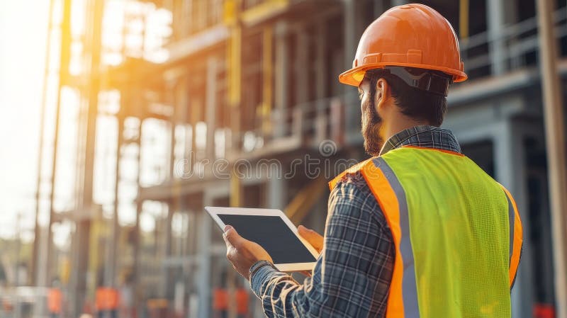 Construction Worker Utilizing Tablet on Busy Job Site, Showcasing ...