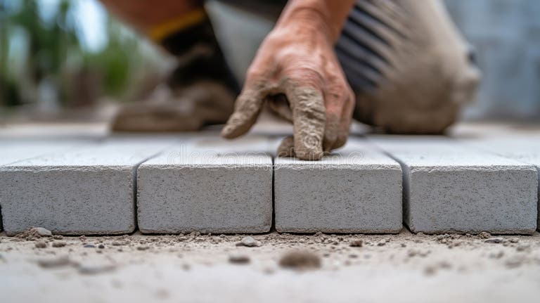 Construction Worker Checking Alignment of Concrete Pavement Blocks ...
