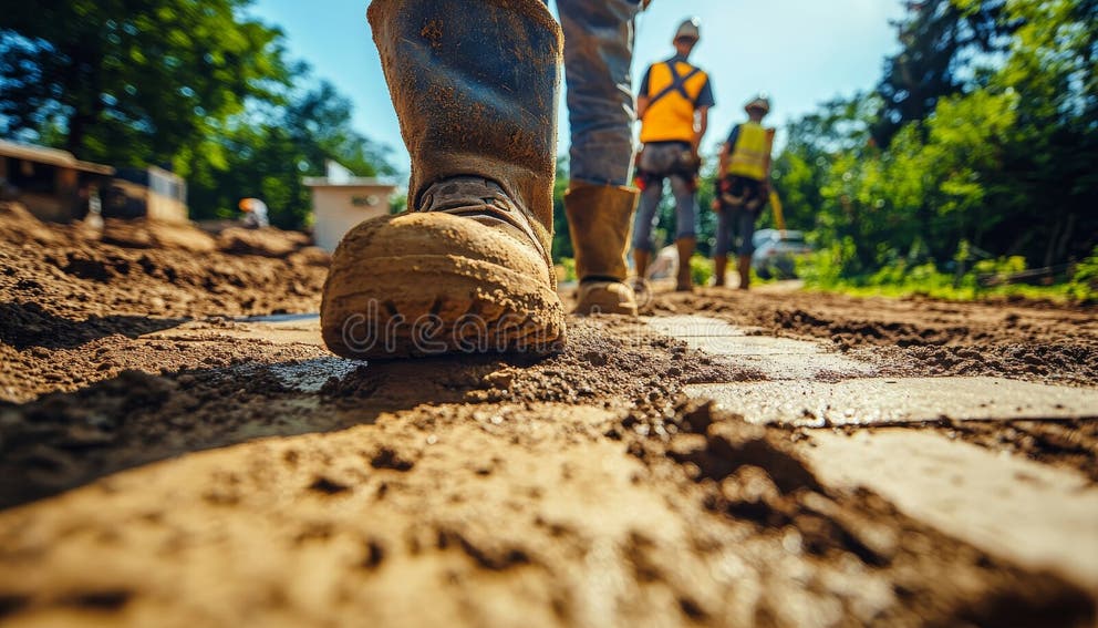 Construction Worker Walking on Muddy Ground, Teamwork in the Building ...