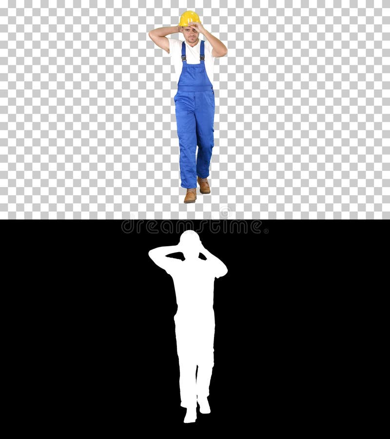 Construction Worker Walking and Putting on Hard Hat or Helmet, Alpha ...