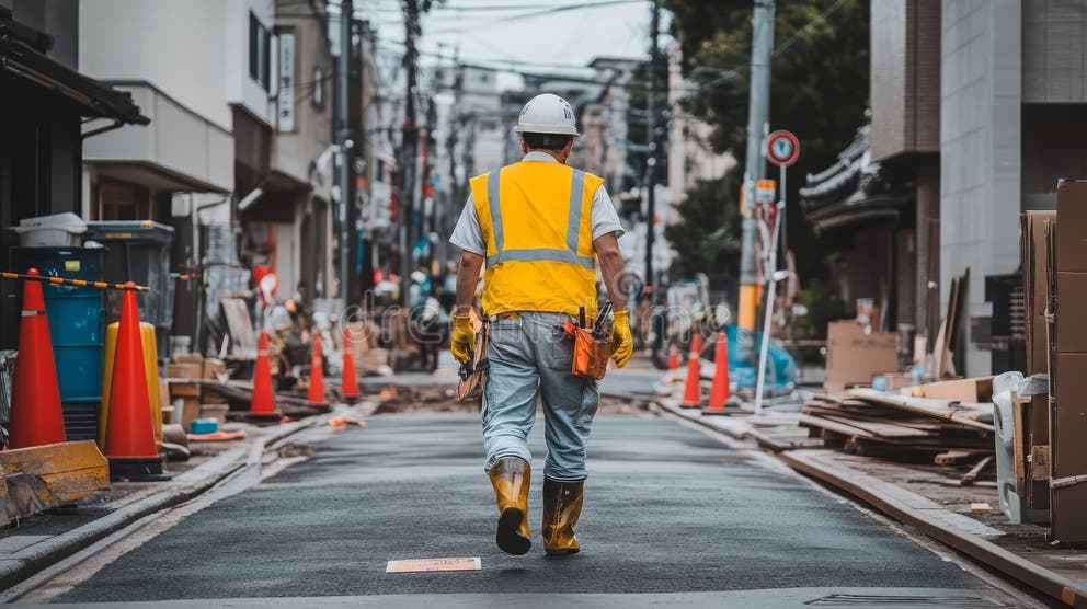 Construction Worker Walking on Site, Surrounded by Cones and Urban ...
