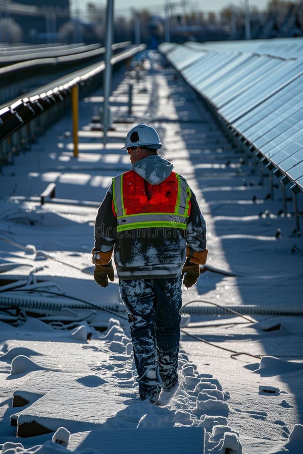 Construction Worker Walking through Snow-covered Solar Field at ...