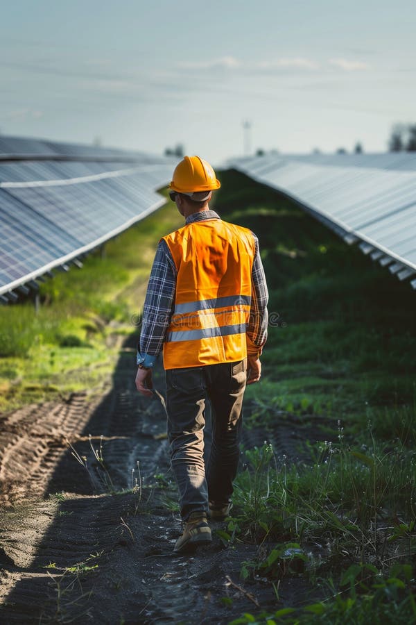 Construction Worker Walking through Solar Panel Field in Renewable ...