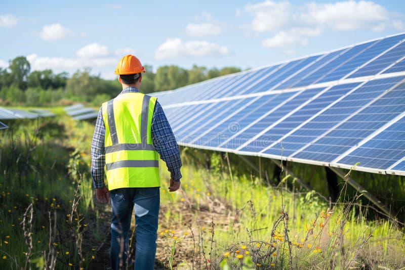 Construction Worker Walking through Solar Panel Field in Renewable ...