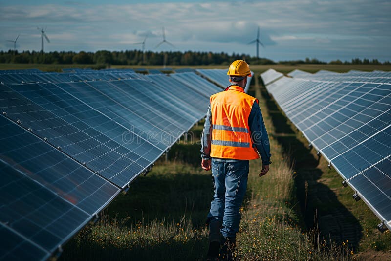 Construction Worker Walking through Solar Panel Field in Renewable ...
