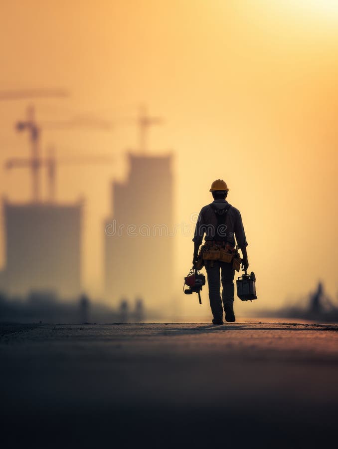 Construction Worker Walking at Sunset with Gear in Urban Area ...