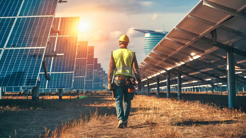 A Construction Worker Walks through a Solar Field with Solar Panels ...