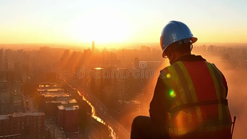 Construction Worker Watching the Sunrise Over the City Stock Footage ...