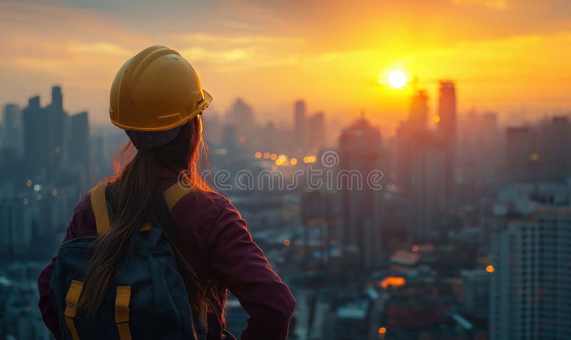 Construction Worker Watching Sunset Over City Skyline with Safety ...
