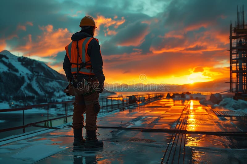 Construction Worker Watching Sunset Over Mountain Range Stock Photo ...