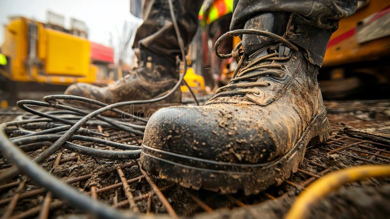 A Construction Worker Wearing Boots and Gloves Manages Cables at an ...