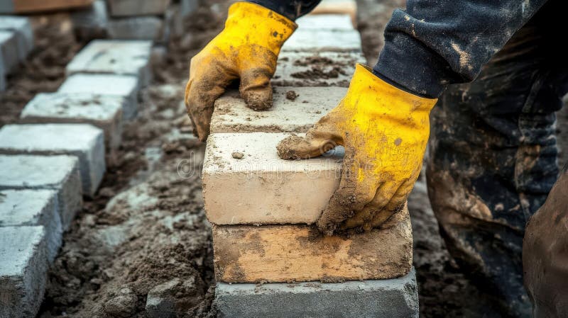Construction Worker Laying Bricks for Building Foundation Stock Photo ...