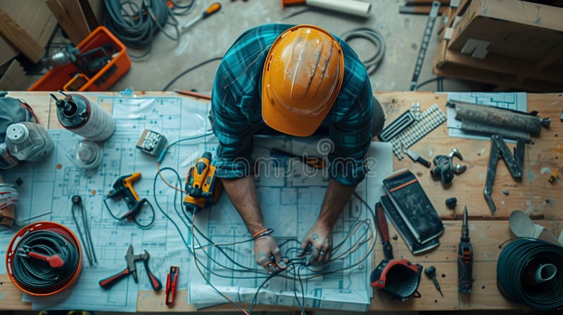 Construction Worker Focuses on Electrical Wiring Project at Busy Workbench during Daytime. Stock ...