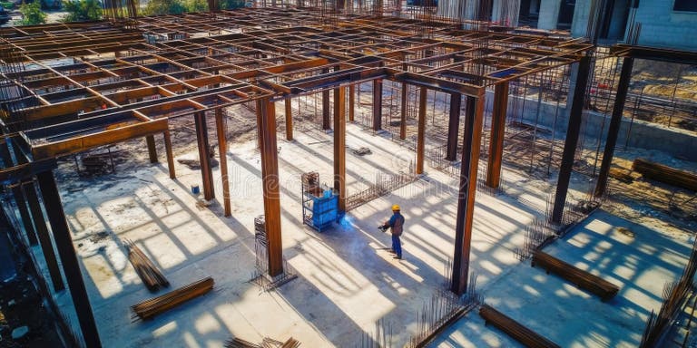 Construction Worker Overseeing Steel Framework at a Building Site ...