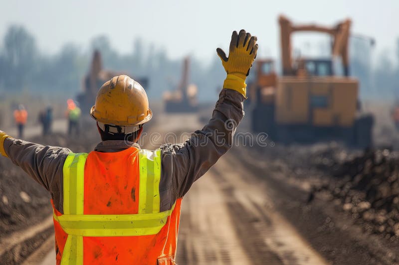 Construction Worker Guiding Traffic on a Roadwork Site Stock Image ...