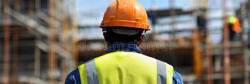 Construction Worker Wearing a Hard Hat and Safety Vest, Focused on a ...