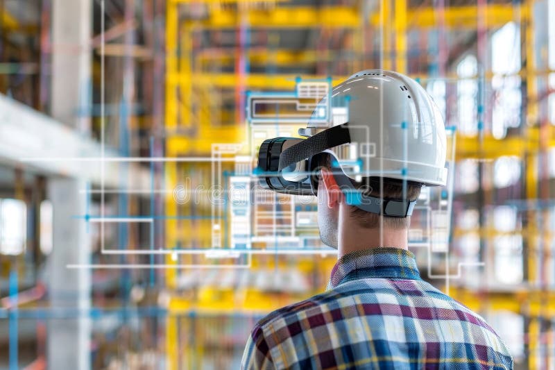 A Construction Worker Wearing a Hard Hat Uses a Virtual Reality Headset ...