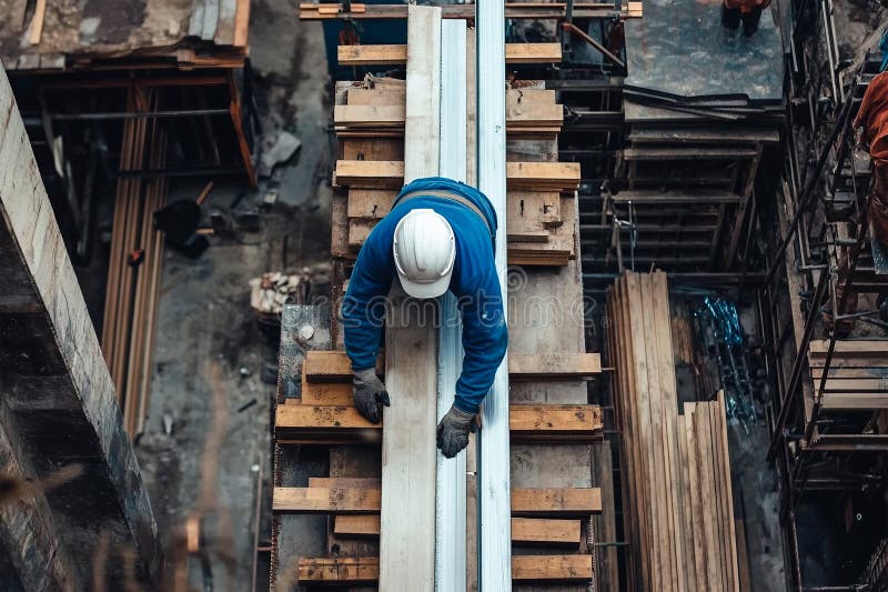 A Construction Worker Wearing a Hard Hat Works among Lumber at a ...