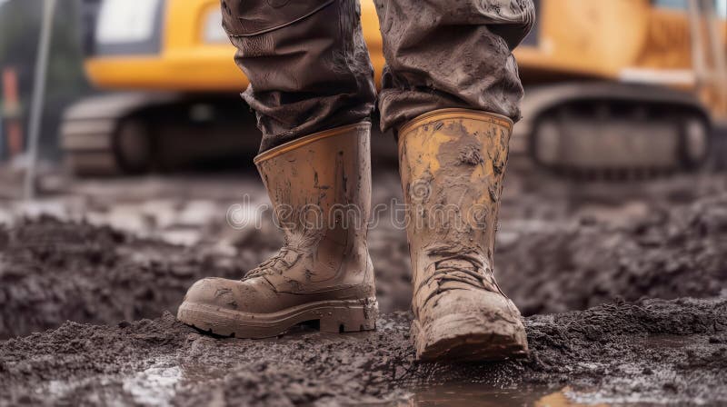 Construction Worker Wearing Muddy Boots at Work Site with Excavator ...