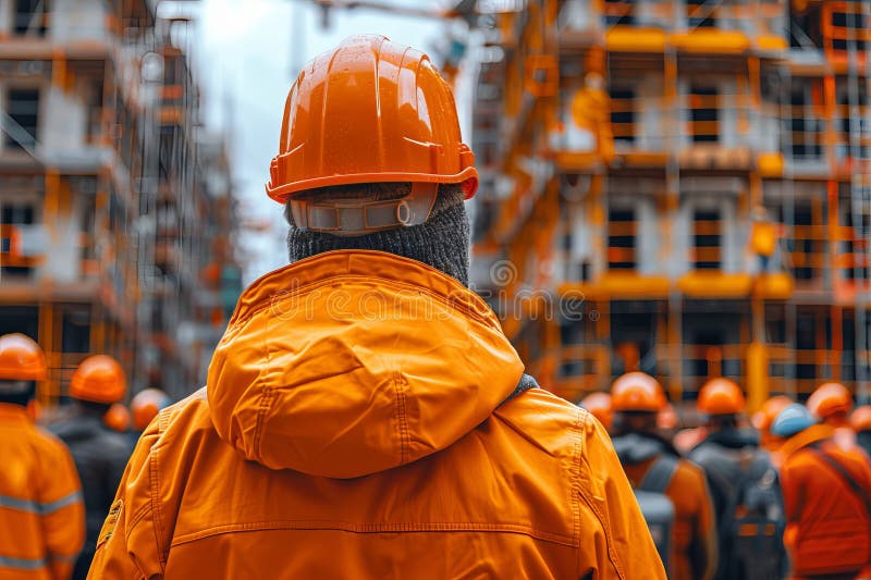 Construction Worker Wearing Orange Hard Hat and Jacket Supervising ...
