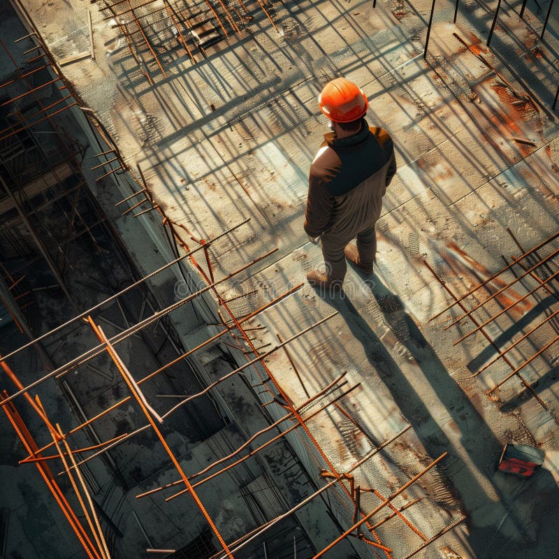 A Construction Worker Wearing an Orange Helmet Stands on a Scaffolding ...