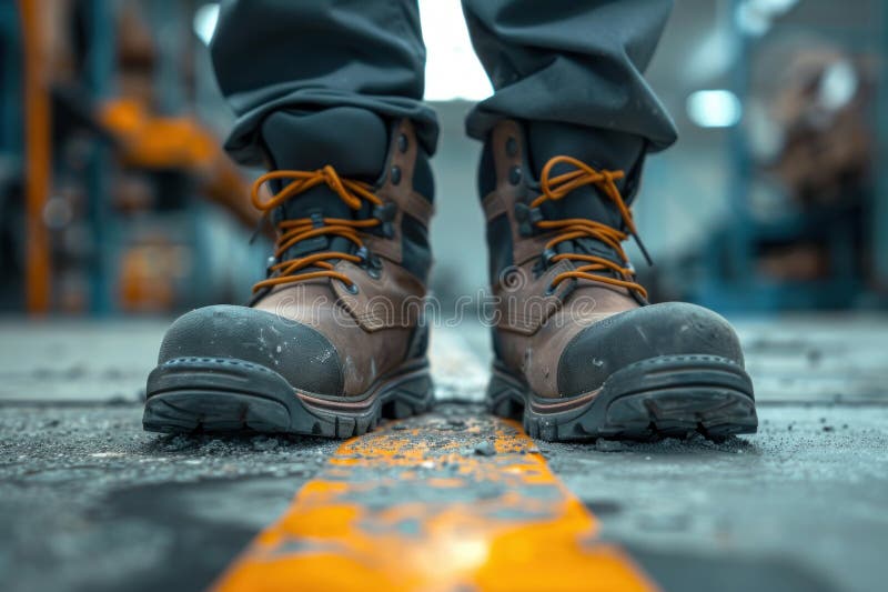 Construction Worker Wearing Protective Boots Standing on a Yellow Line ...