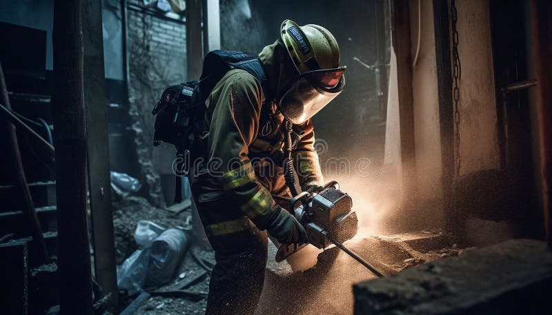 Construction Worker Wearing Protective Mask and Work Helmet Indoors ...