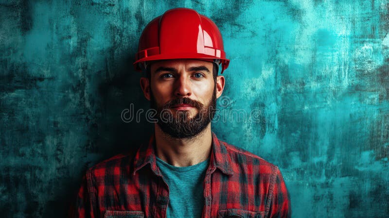 Construction Worker Wearing a Red Hard Hat Poses Against a Blue ...