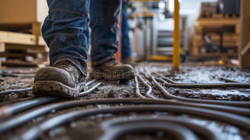 Construction Worker Walking on Pipes for Radiant Floor Heating System ...