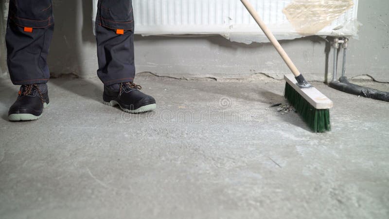 Construction Worker Sweeping Dust Concrete Floor Broom Building Site ...