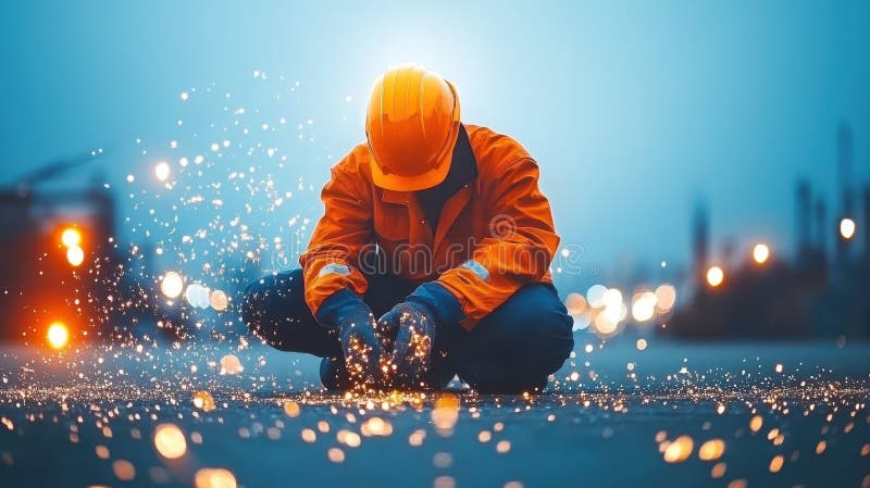 Construction Worker in Safety Gear Crouching at Job Site, Ensuring and ...