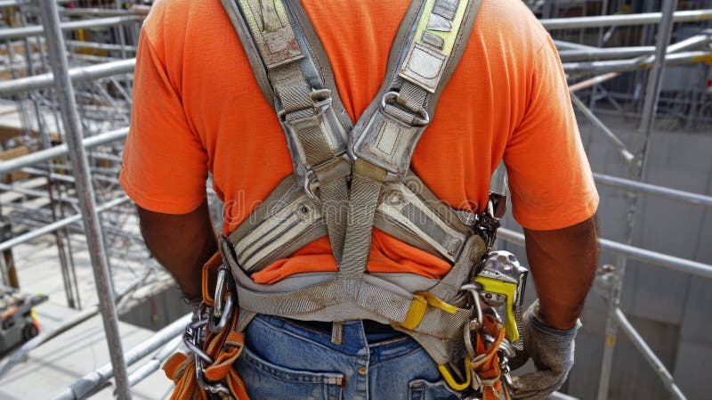 Construction Worker Wearing Safety Harness and Gear at a Construction ...